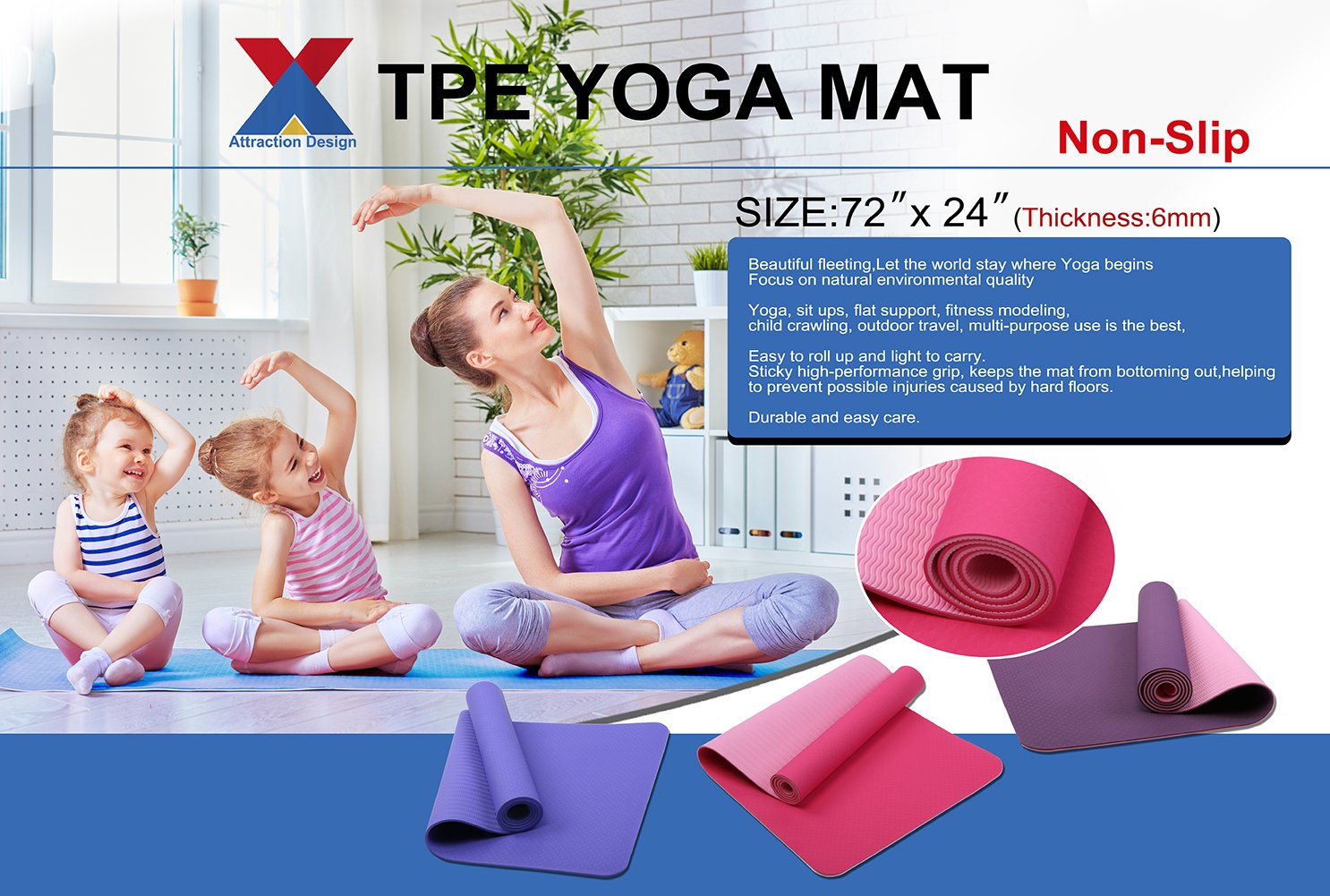 Yoga Mat Extra Thick Fitness & Workout Mat Non-slip Exercise Yoga Mat High Density Eco-Friendly TPE Pliates Mat with Carrying Strap 72"x 24"x 1/4" (Orange)