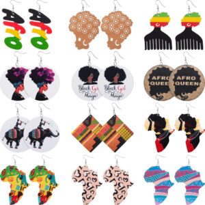 12 pairs african map wooden earrings african women dangle earrings natural ethnic earrings (african afro styles)