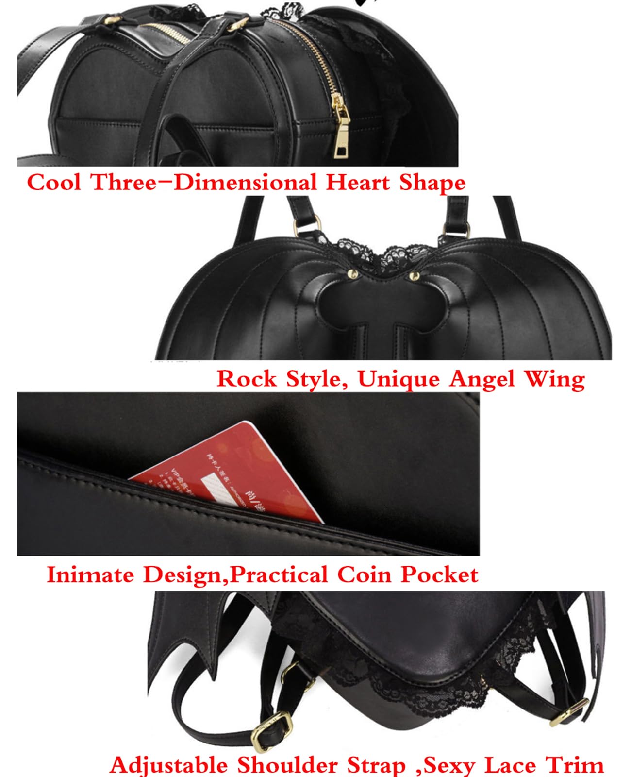 Rullar Punk Women Backpack Victorian Wings PU Daypack Rucksack Purse Gothic Lace Shoulder Bag Black