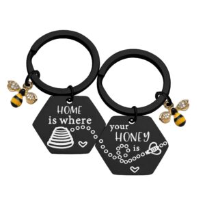 maofaed matching couples keychains honey beehive keychains home is where your honey is housewarming couples gift (your honey is black)