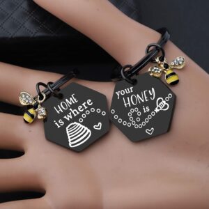 MAOFAED Matching Couples Keychains Honey Beehive Keychains Home is Where Your Honey Is Housewarming Couples Gift (your honey is black)