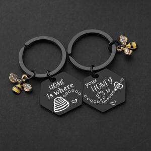 MAOFAED Matching Couples Keychains Honey Beehive Keychains Home is Where Your Honey Is Housewarming Couples Gift (your honey is black)