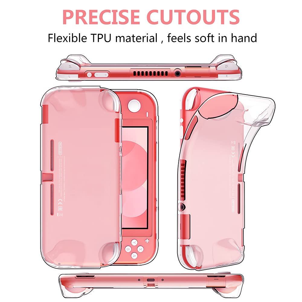 GeeRic 8PCS Case Compatible with Switch Lite, Carrying Case Accessories Kit, 1 Soft Silicon Case + 2 Screen Protector + 4 Thumb Caps + 1 Storage Carrying Coral