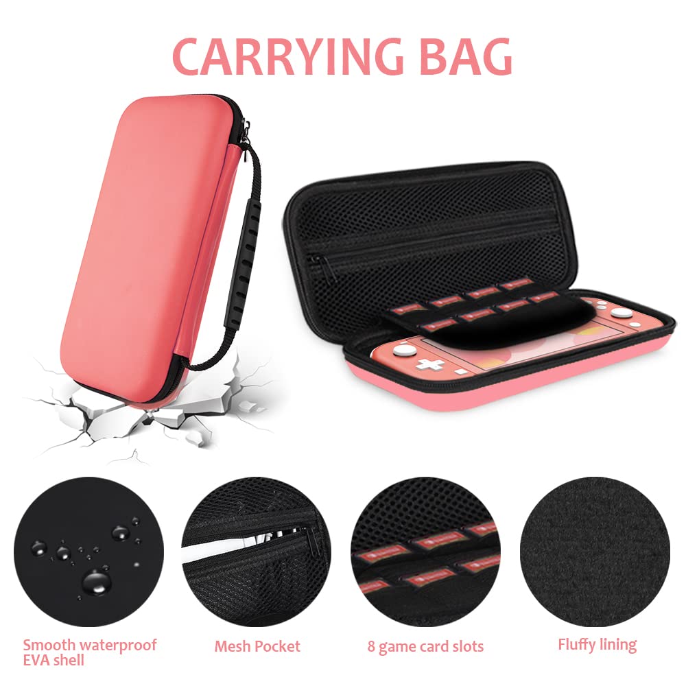 GeeRic 8PCS Case Compatible with Switch Lite, Carrying Case Accessories Kit, 1 Soft Silicon Case + 2 Screen Protector + 4 Thumb Caps + 1 Storage Carrying Coral