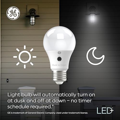 GE LED+ Dusk to Dawn LED Light Bulbs with Sunlight Sensors, Automatic On/Off Light Sensing Bulbs, Outdoor Decorative Bulbs, Soft White (Pack of 2)