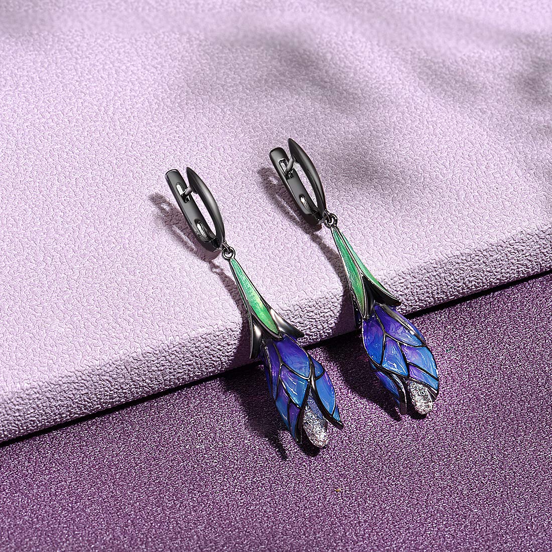 Santuzza Tulip Earrings 925 Sterling Silver Enamel Floral Drop Earrings Purple Flower Dangle Earrings for Women (Latch Back)