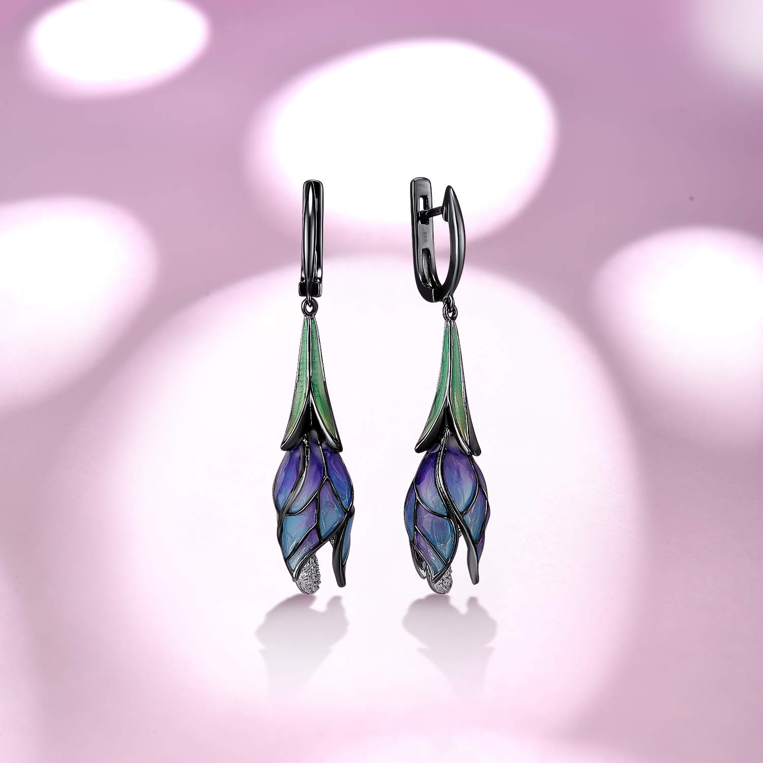 Santuzza Tulip Earrings 925 Sterling Silver Enamel Floral Drop Earrings Purple Flower Dangle Earrings for Women (Latch Back)