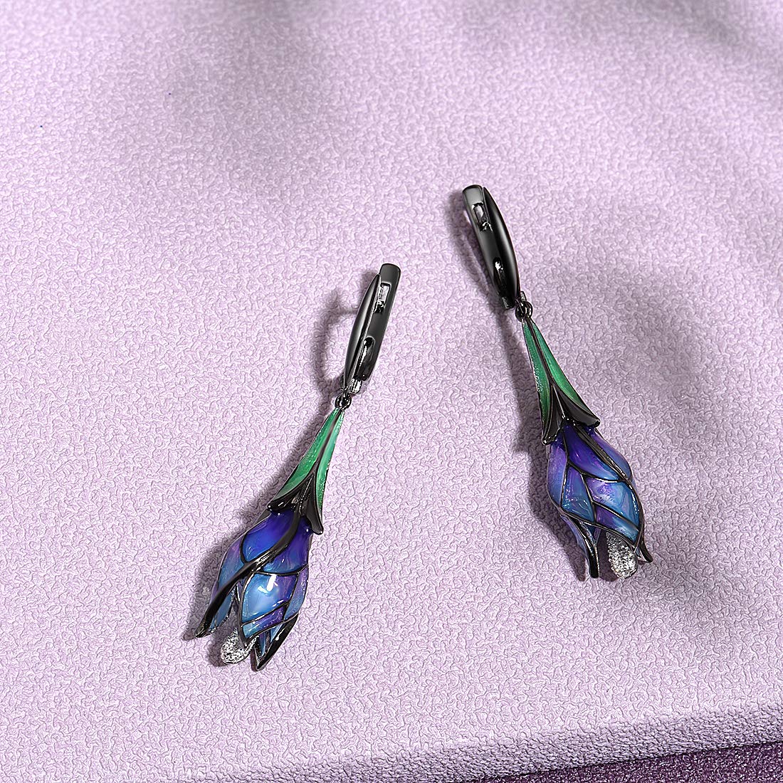 Santuzza Tulip Earrings 925 Sterling Silver Enamel Floral Drop Earrings Purple Flower Dangle Earrings for Women (Latch Back)