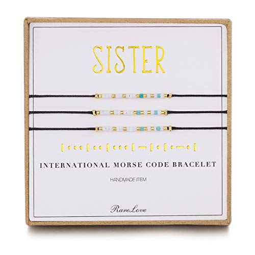 RareLove 3 Pieces Sisters Morse Code Bracelet Friendship Birthday Best Friends Gift For 3 Women Blue White Tiny Pony Seed Beads Black String Bracelets