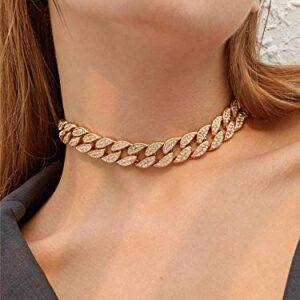 Ingemark Shiny CZ Rhinestone Curb Cuban Link Chain Choker for Women Unisex Cool Hip Hop Miami Cuban Diamond-Cut Chain Choker Necklace (Style 1 Golden)