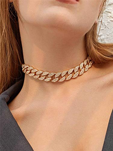 Ingemark Shiny CZ Rhinestone Curb Cuban Link Chain Choker for Women Unisex Cool Hip Hop Miami Cuban Diamond-Cut Chain Choker Necklace (Style 1 Golden)