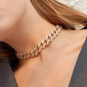 Ingemark Shiny CZ Rhinestone Curb Cuban Link Chain Choker for Women Unisex Cool Hip Hop Miami Cuban Diamond-Cut Chain Choker Necklace (Style 1 Golden)