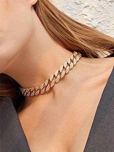 Ingemark Shiny CZ Rhinestone Curb Cuban Link Chain Choker for Women Unisex Cool Hip Hop Miami Cuban Diamond-Cut Chain Choker Necklace (Style 1 Golden)