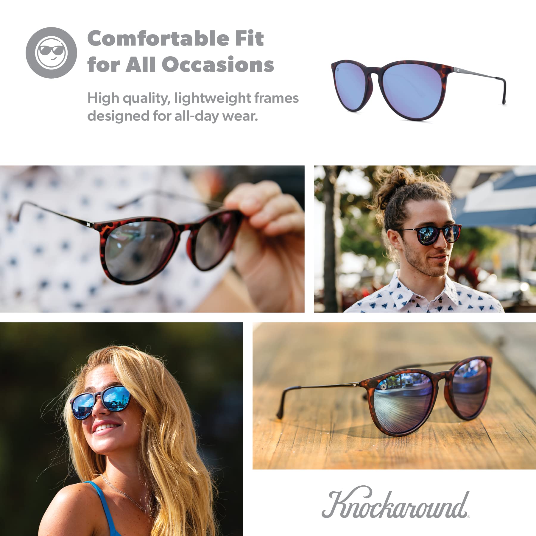 Knockaround Mary Janes Polarized Sunglasses for Women & Men - Impact Resistant Lenses & Full UV400 Protection, Matte Tortoise Shell/Snow Opal