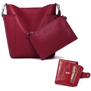 bostanten leather bucket handbag with clutch purse and rfid blocking small bifold wallet bundle