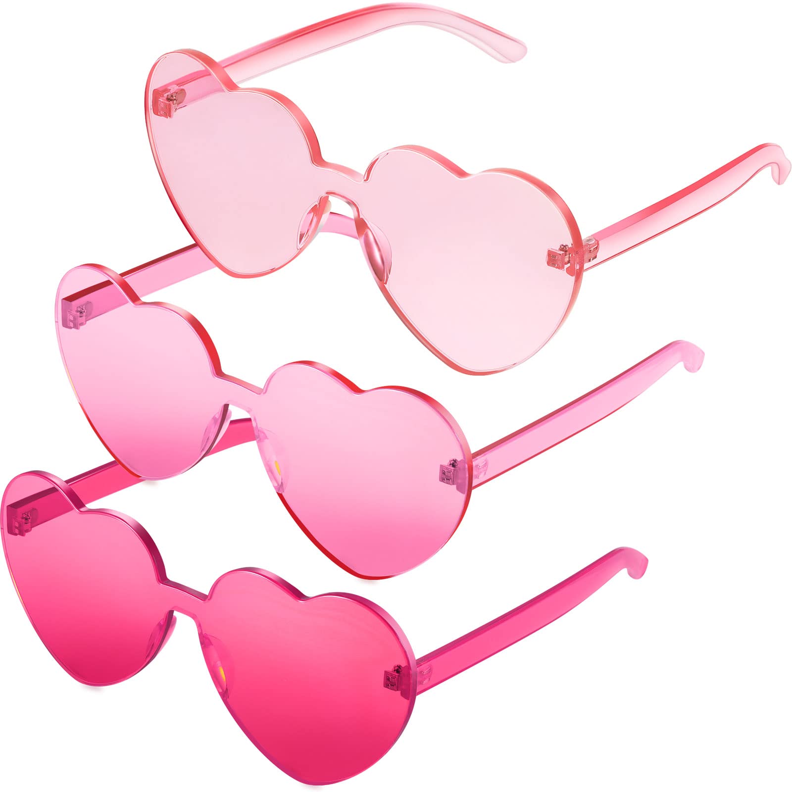 Maxdot 3 Pieces Heart Shaped Sunglasses Candy Color Rimless Heart Glasses for Women Colorful Summer Party Favors(Light Pink, Pink, Rose Red)