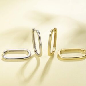 FANCIME Yellow Gold Plated Hoop Earrings 925 Sterling Silver Rectangle Endless Hoops Minimalist Fine Jewelry For Women, 25mm Length