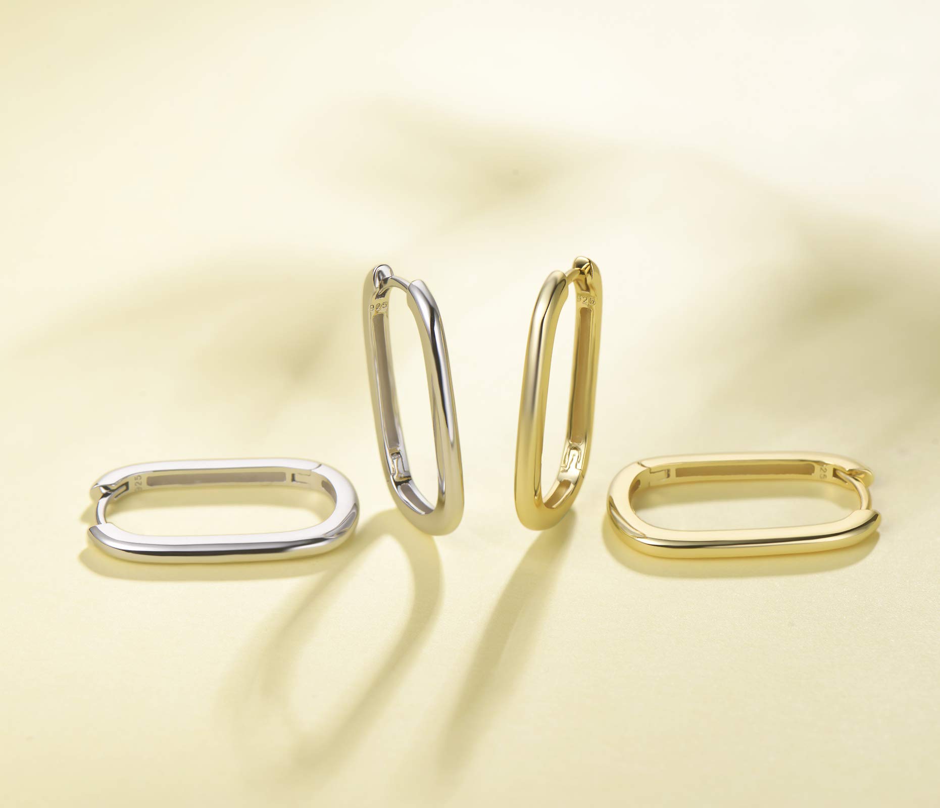 FANCIME Yellow Gold Plated Hoop Earrings 925 Sterling Silver Rectangle Endless Hoops Minimalist Fine Jewelry For Women, 25mm Length