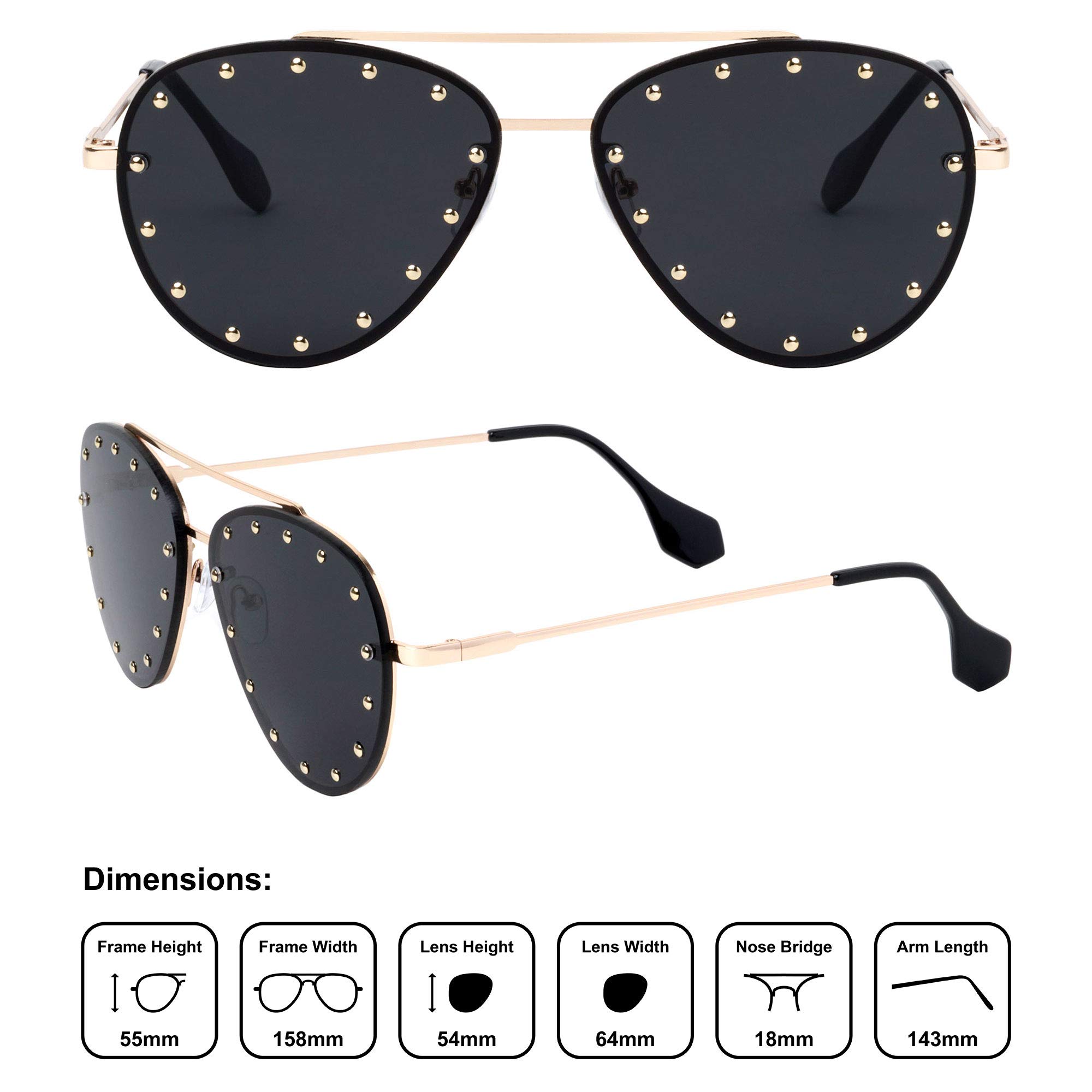 Brooklyn Rimless Oversized Studded Aviators Sunglasses Riveted Fashion Men Women AV-1672 (Black)