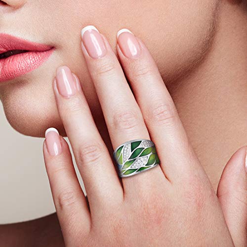 Santuzza 925 Sterling Silver Bamboo Leaves Ring White Cubic Zirconia Handmade Enamel Leaf Rings (7)