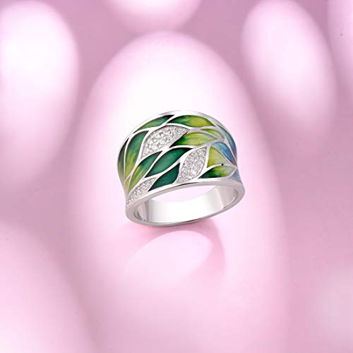 Santuzza 925 Sterling Silver Bamboo Leaves Ring White Cubic Zirconia Handmade Enamel Leaf Rings (7)