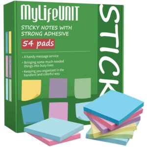 mylifeunit sticky notes 3x3, bulk pack 54 note pads 5400 sheets for daily reminder, self-stick notes with 6 assorted colors