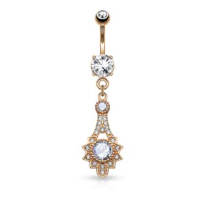 pierced owl 14g stainless steel cz crystal tribal sun dangling belly button ring (rose gold tone)