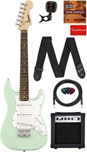 fender squier 3/4-size kids mini strat electric guitar - surf green bundle with amplifier, instrument cable, tuner, strap, picks, fender play online lessons, and austin bazaar instructional dvd