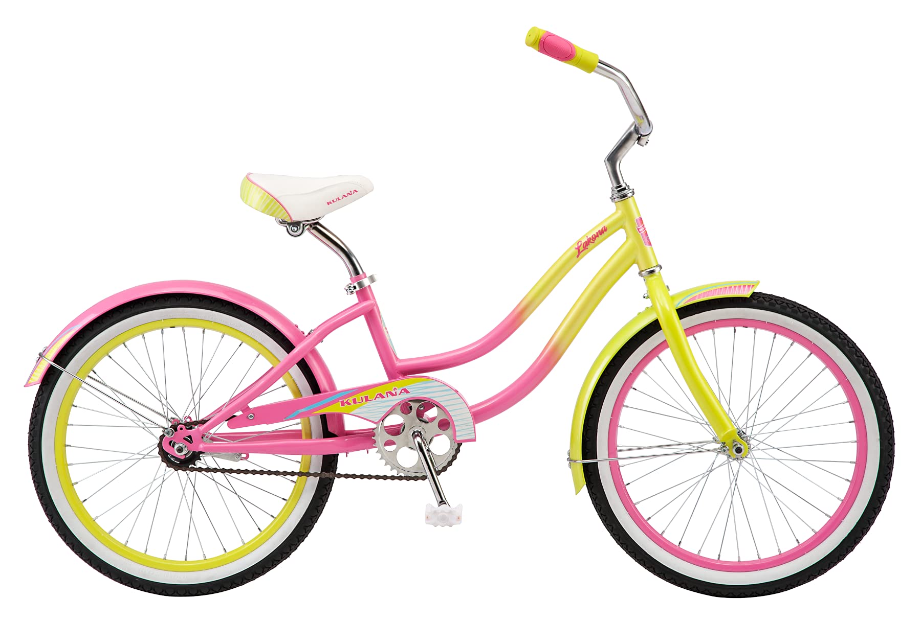 Kulana Lakona Shore Youth Beach Cruiser Bike, 20-Inch Wheels, Single Speed, Pink/Yellow, Model Number: R0901AZ