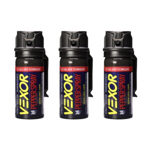 vexor pepper spray w/belt clip for self defense - 3 pack, maximum police strength, 20-foot range, full axis (360°) capability, flip top safety for quick and accurate aim, protection for women and men