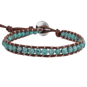 kelitch created turquoise crystal mix beaded single wrap bracelet on brown leather handwoven new jewelry (green 01)