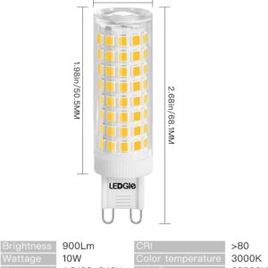 LEDGLE 5Pcs G9 LED Bulb 10W(100W Halogen Equivalent), 100LEDs 900LM 3000K Warm White Light for Ceramic G9 Bi Pin Base, Suit for Ceiling Chandeliers Light, No Flicker, Non-dimmable