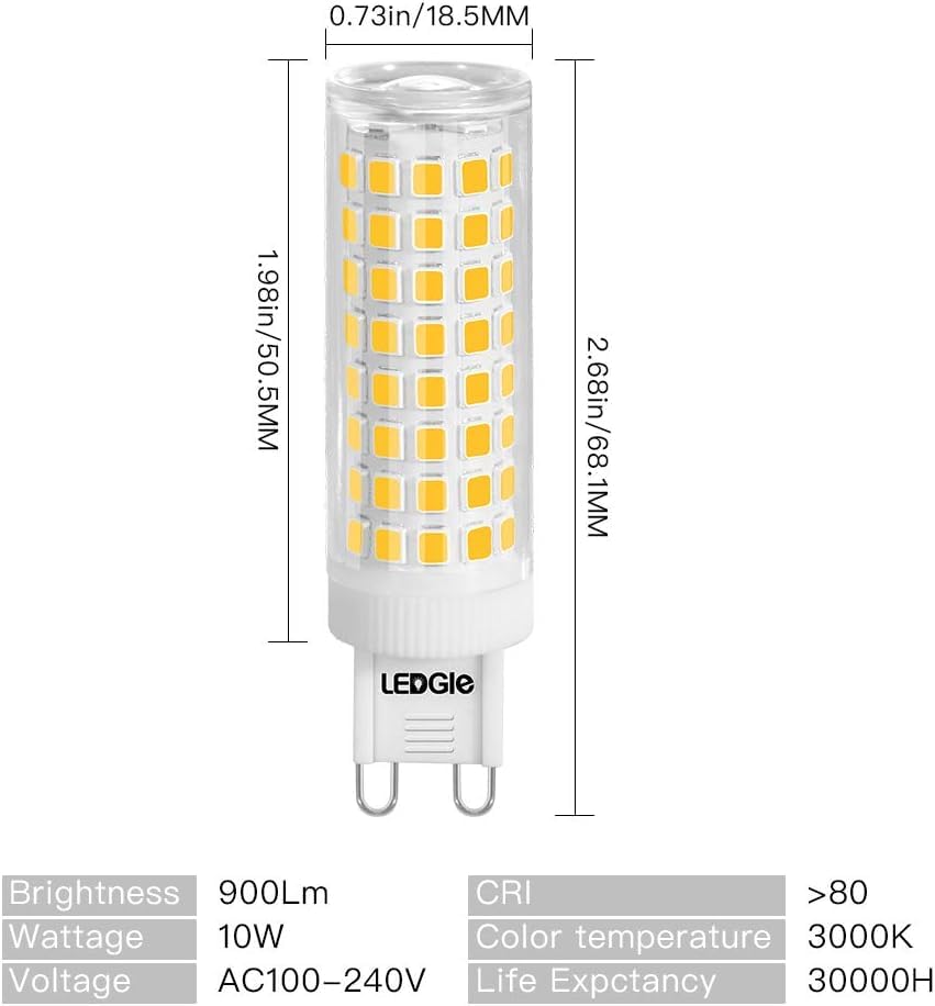 LEDGLE 5Pcs G9 LED Bulb 10W(100W Halogen Equivalent), 100LEDs 900LM 3000K Warm White Light for Ceramic G9 Bi Pin Base, Suit for Ceiling Chandeliers Light, No Flicker, Non-dimmable