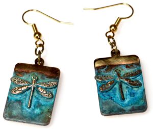 elaine coyne wearable art verdigris patina solid brass dragonfly on rectangle dangle earrings