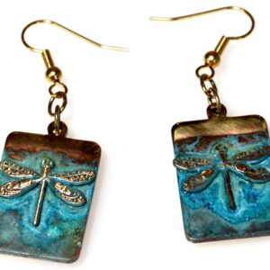 Elaine Coyne Wearable Art Verdigris Patina Solid Brass Dragonfly on Rectangle Dangle Earrings