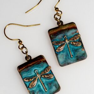 Elaine Coyne Wearable Art Verdigris Patina Solid Brass Dragonfly on Rectangle Dangle Earrings