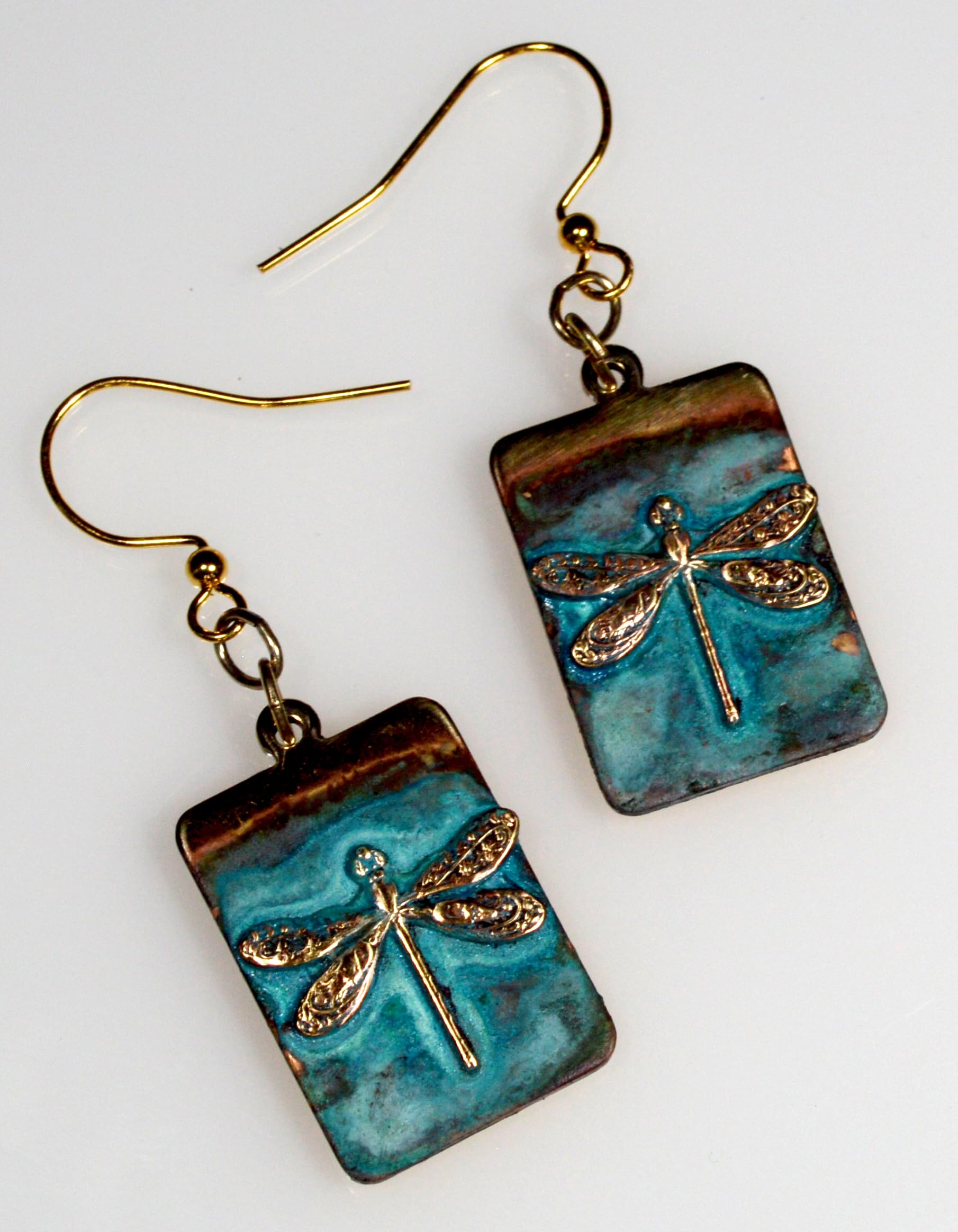 Elaine Coyne Wearable Art Verdigris Patina Solid Brass Dragonfly on Rectangle Dangle Earrings