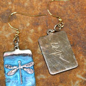 Elaine Coyne Wearable Art Verdigris Patina Solid Brass Dragonfly on Rectangle Dangle Earrings