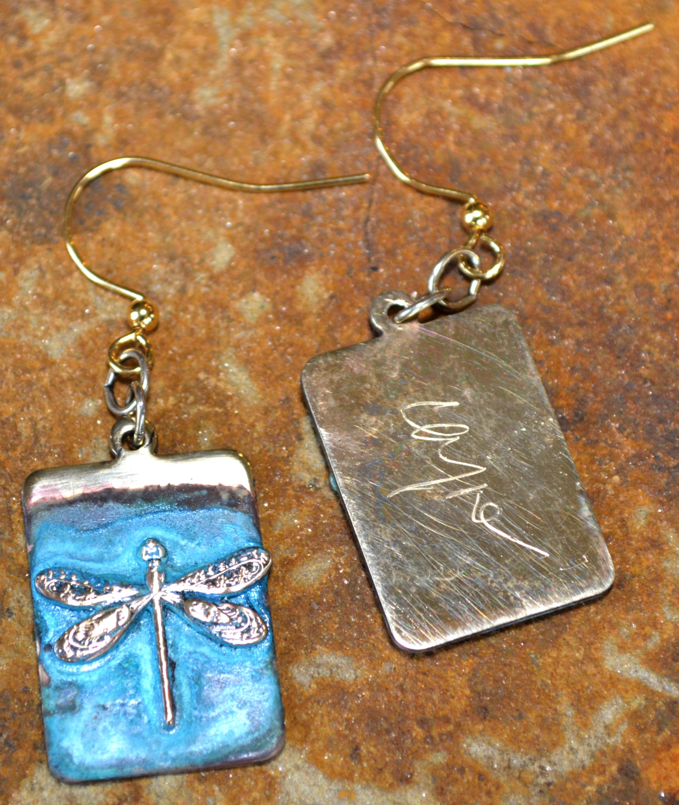 Elaine Coyne Wearable Art Verdigris Patina Solid Brass Dragonfly on Rectangle Dangle Earrings