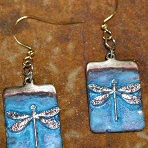 Elaine Coyne Wearable Art Verdigris Patina Solid Brass Dragonfly on Rectangle Dangle Earrings