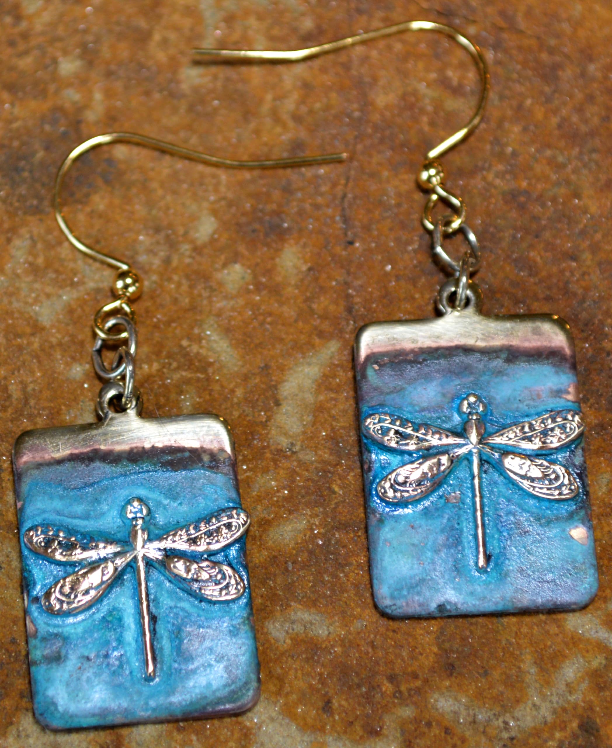 Elaine Coyne Wearable Art Verdigris Patina Solid Brass Dragonfly on Rectangle Dangle Earrings