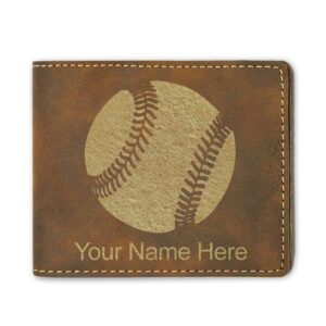 lasergram faux leather bi-fold wallet, baseball ball, personalized engraving included (rustic with gold)