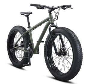 mongoose argus trail fat tire mountain bike for adult men women, 26-inch wheels, mechanical disc brakes, 19-inch large aluminum hardtail frame, 16-speed, green