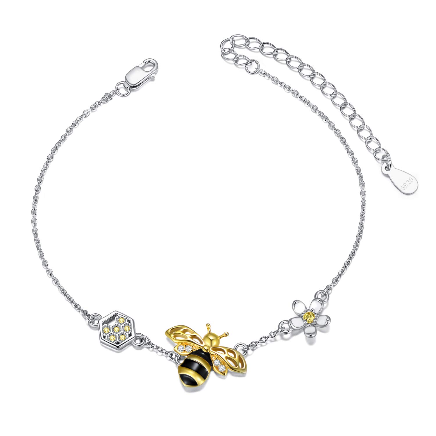 LONAGO 925 Sterling Silver Bumblebee Queen Honey Bee Honeycomb Sunflower Bracelet Daisy Jewelry Adjustable Link Chain Gift for Women Mom