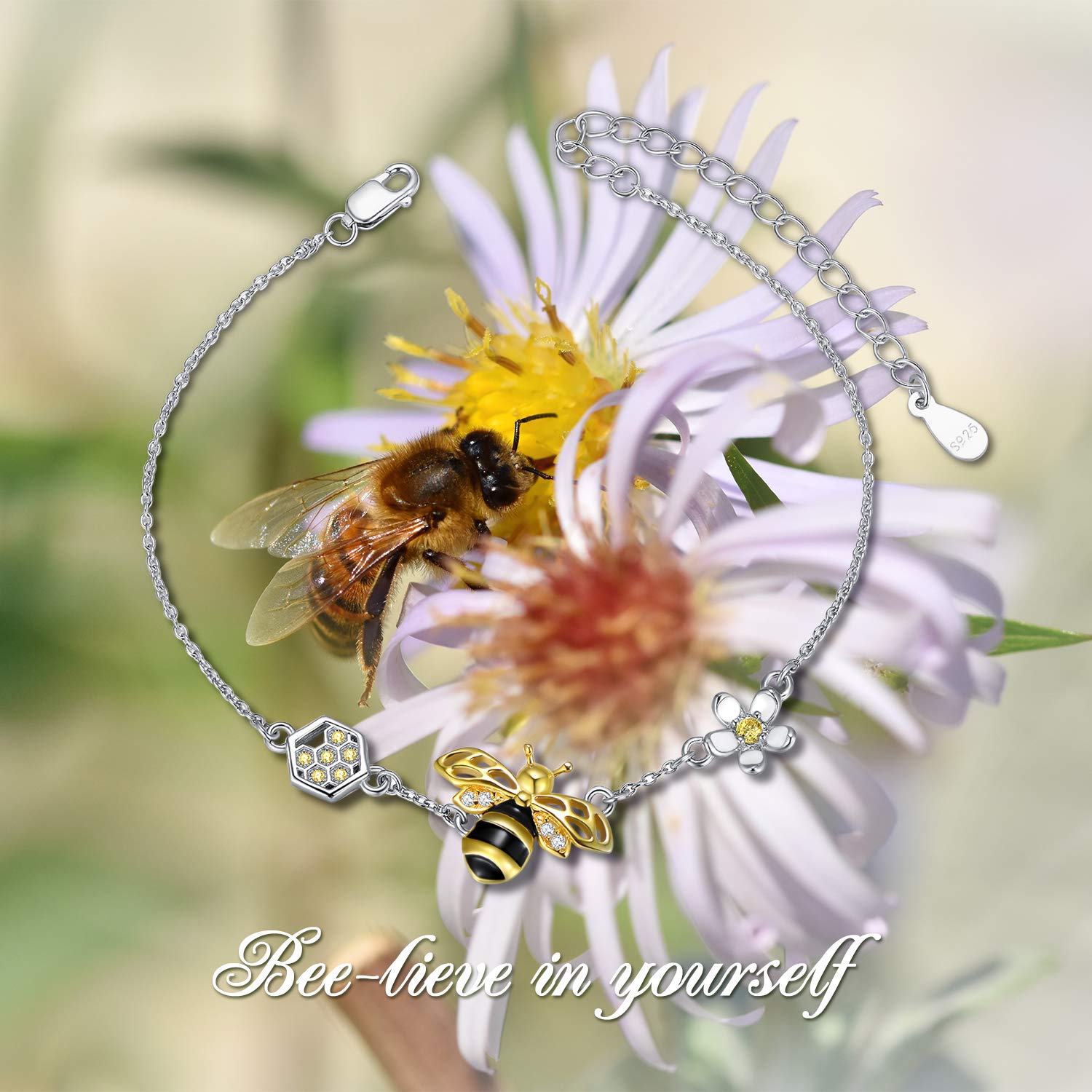 LONAGO 925 Sterling Silver Bumblebee Queen Honey Bee Honeycomb Sunflower Bracelet Daisy Jewelry Adjustable Link Chain Gift for Women Mom