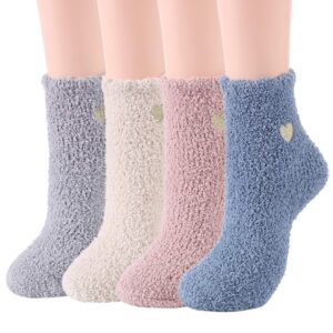 zando womens fuzzy socks cozy slipper socks super soft plush socks cute fluffy socks indoor sleep socks comfy microfiber bed socks warm fuzzy socks for women 4 pairs cute heart one size