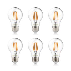 helloify a19 led filament bulbs, 60w equivalent, edison vintage dimmable energy efficient lamp for pendant wall light fixtures office bedroom bathroom, e26 base, 2700k warm white light, 6pcs