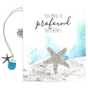 Smiling Wisdom - The Starfish Story - You Make a Profound Difference Greeting Card and Necklace Gift Set - Women (Handmade Coil, Sea Glass)