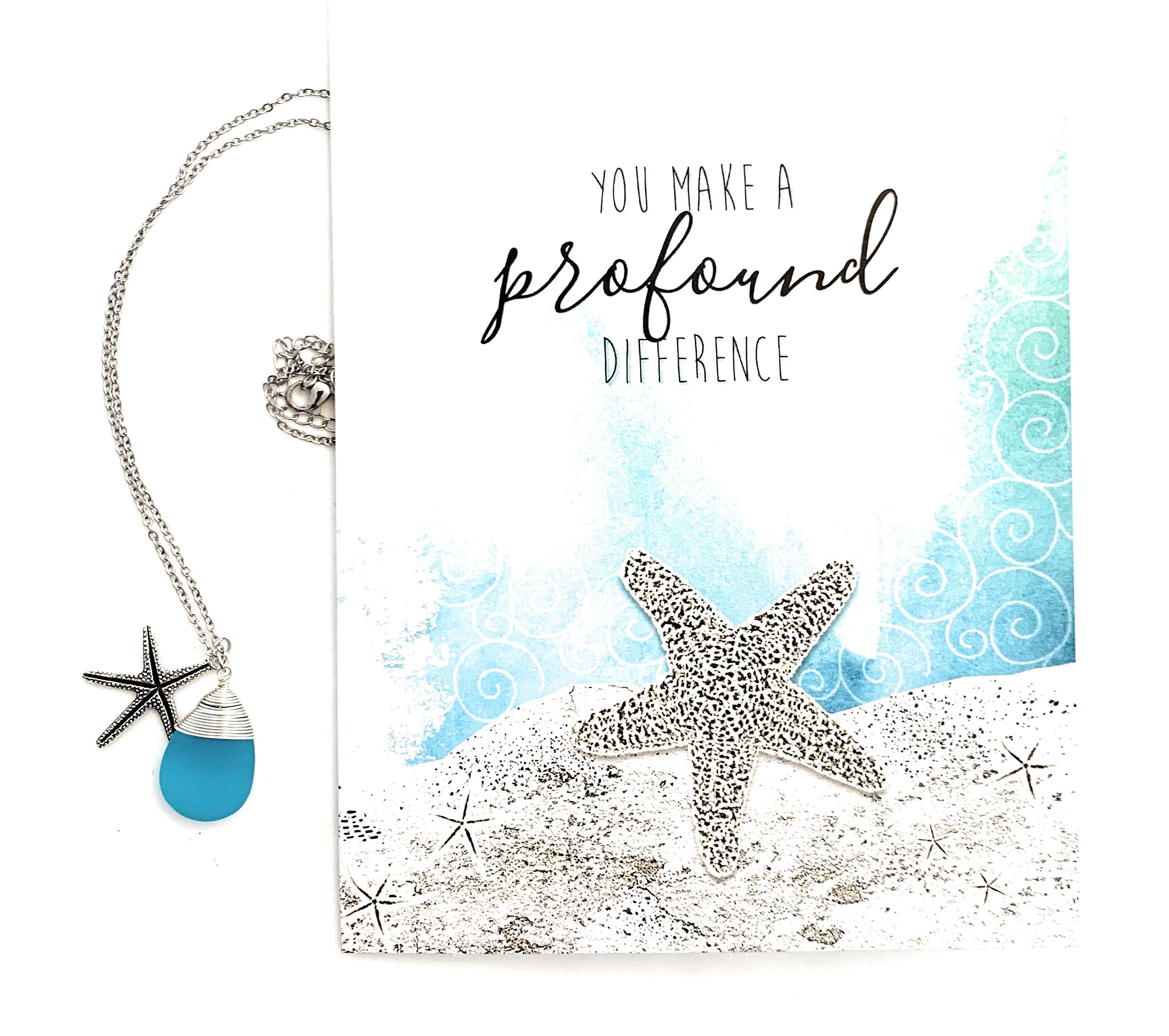 Smiling Wisdom - The Starfish Story - You Make a Profound Difference Greeting Card and Necklace Gift Set - Women (Handmade Coil, Sea Glass)