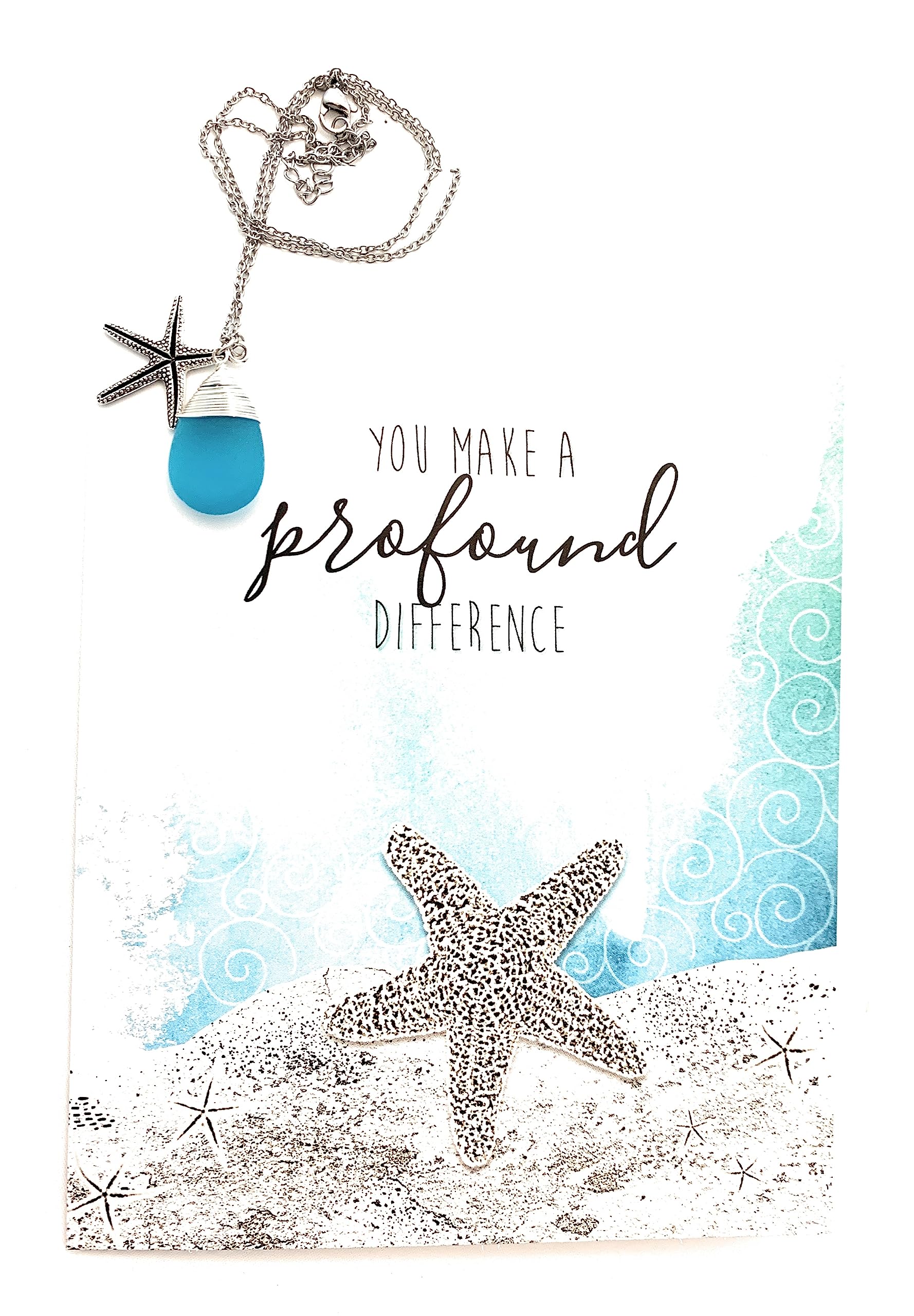 Smiling Wisdom - The Starfish Story - You Make a Profound Difference Greeting Card and Necklace Gift Set - Women (Handmade Coil, Sea Glass)